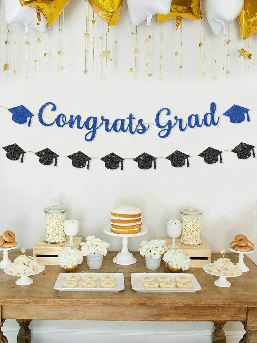 1set Paper Graduation Season Pull Flag, Blue Congrats Grad Pattern ...