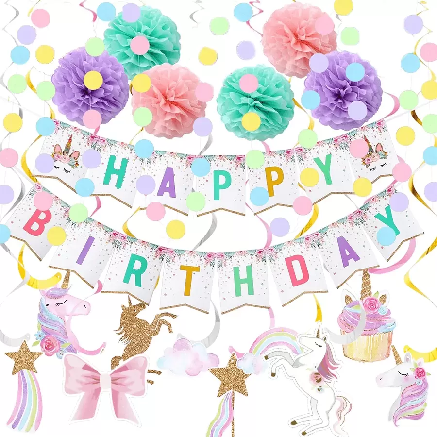 Unicorn Birthday Decorations, Happy Birthday Banner,Tissue Paper Pom Poms,10pcs Hanging Swirls ...