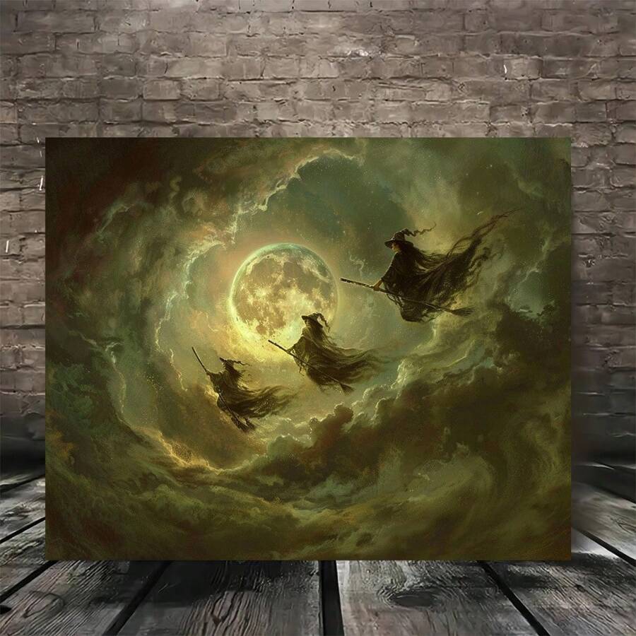 One Witch Moonlight Art Print, Broom Witch Sky Scene, Scary Wall ...