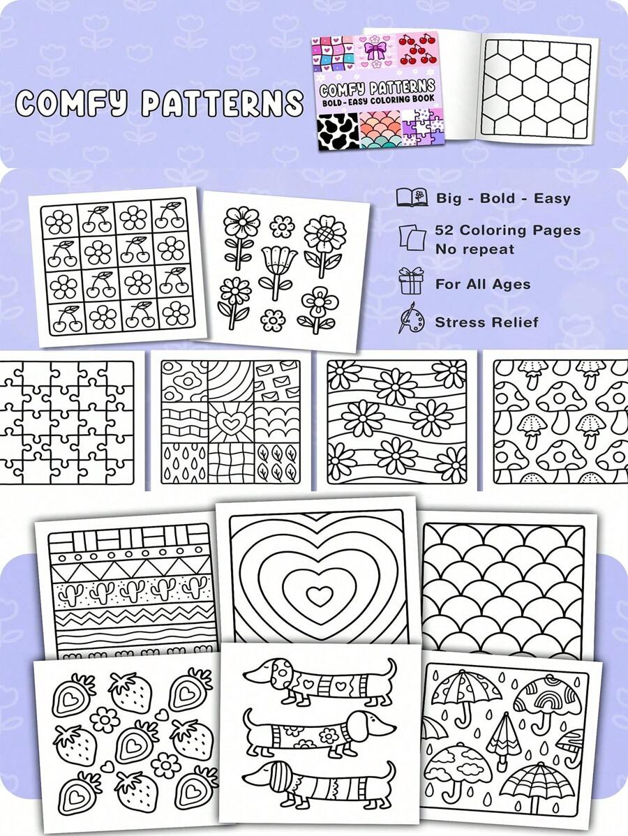 Comfy Patterns: 56Page Coloring Book For Adults, Bold And Easy, Simple ...