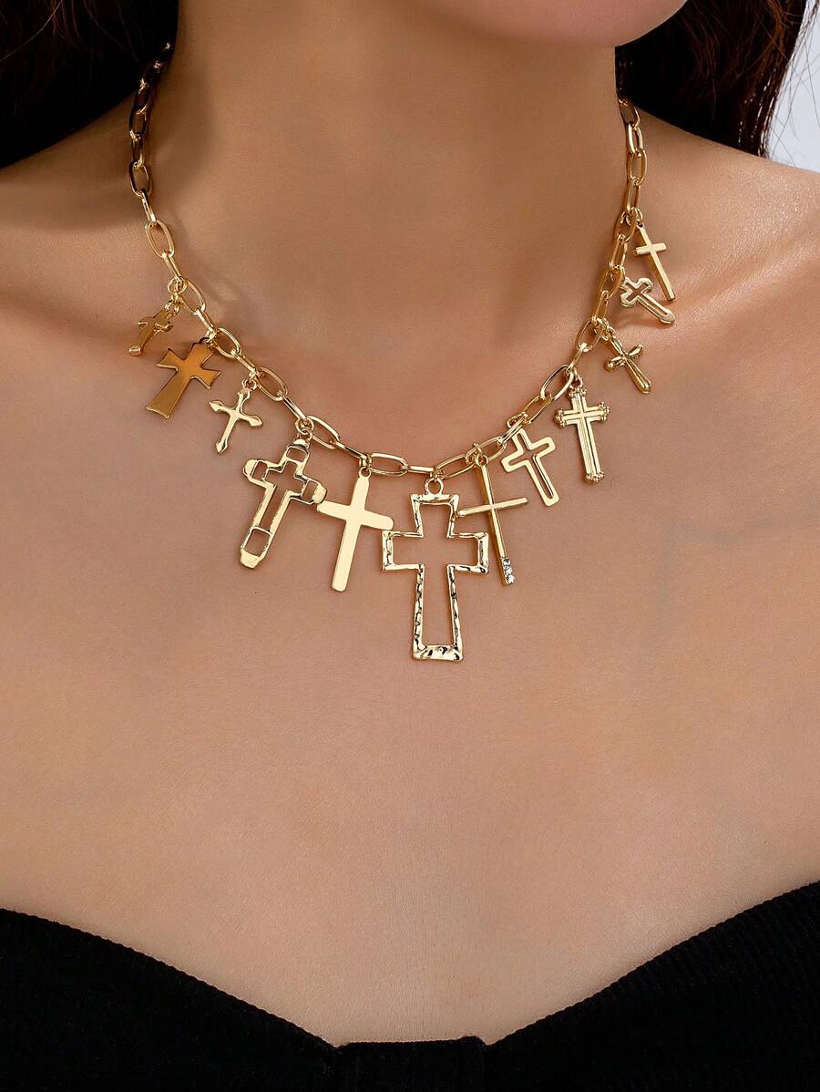 1 Pc Multi Cross Charm Necklace For Women Golden Color Cross Pendant ...