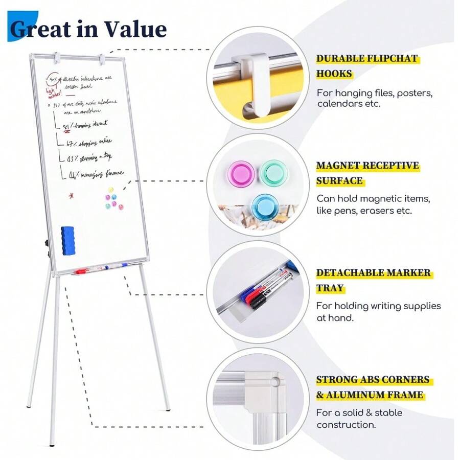 Flip Chart Whiteboard 60x90cm, Magnetic Whiteboard With Stand, Portable ...