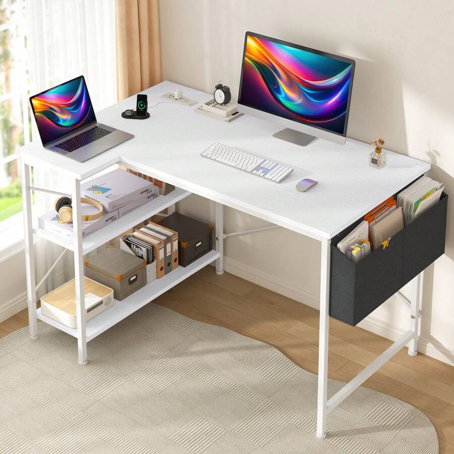 EnHomee 40 Inch Small L Shaped Desk With Storage Shelves & Side Bag ...