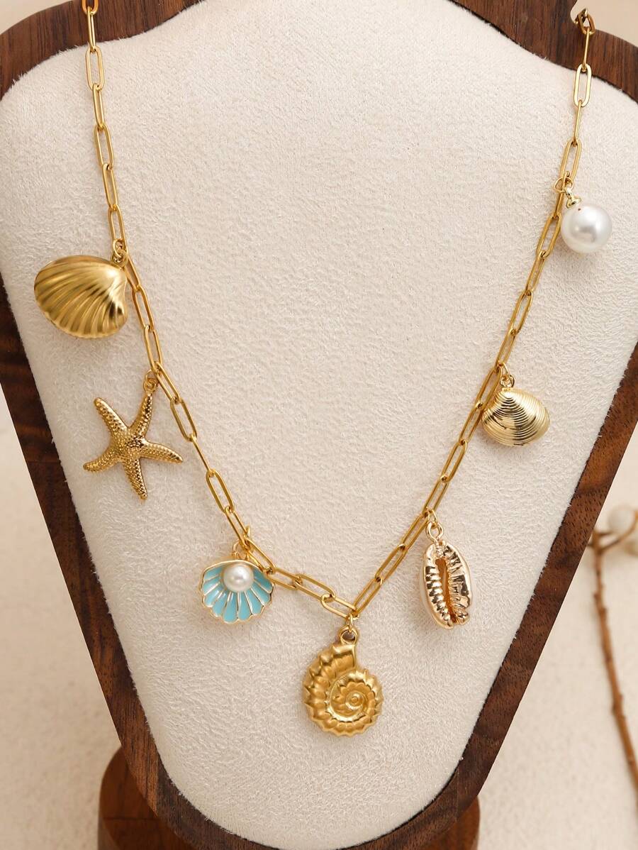 1pc Gold Conch Starfish Shell Faux Pearl Necklace Women's Beach Resort ...