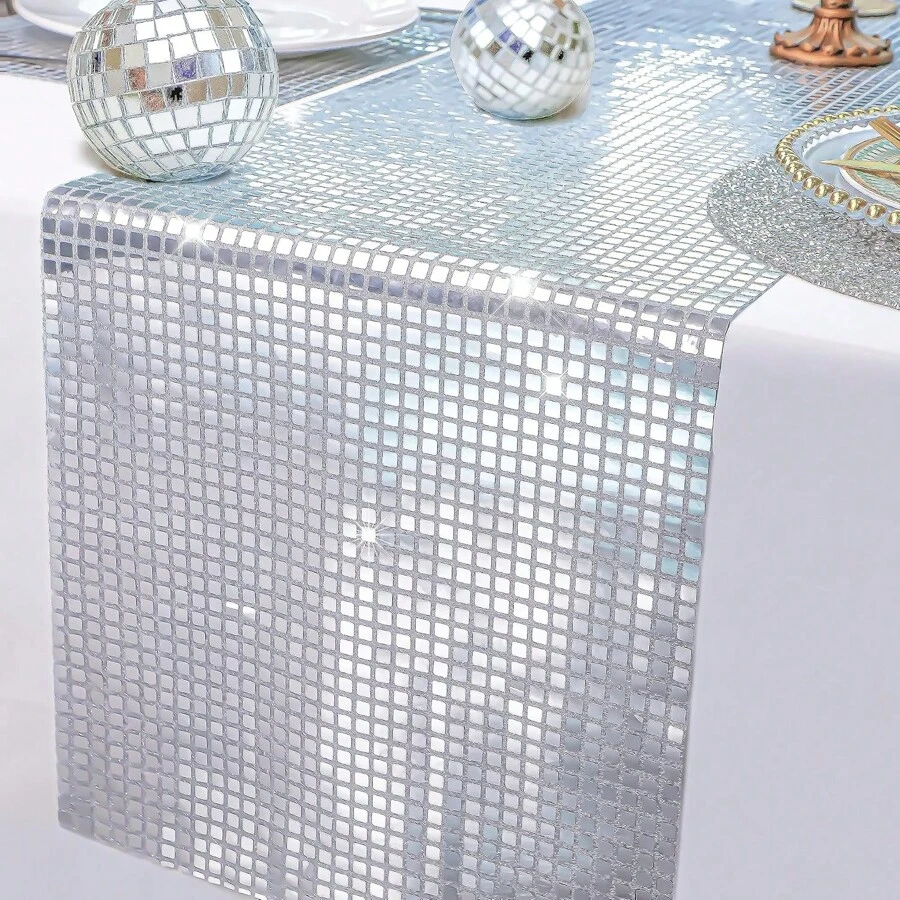 1pc Shiny Disco Tablecloth, Mirror Silver Disco Party Table Runner ...