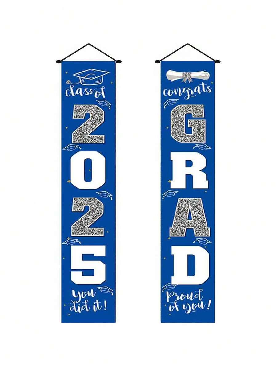 2pcs-Graduation Decorations 2025 Banner Porch Sign Blue Silver For ...