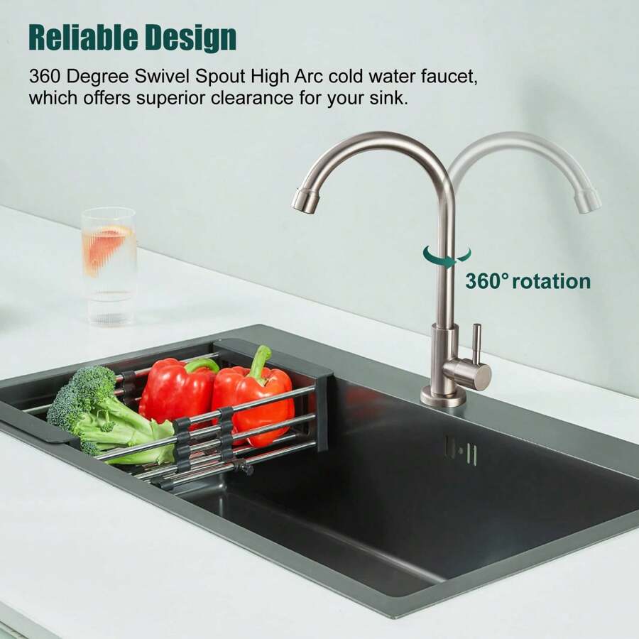 Brushed Nickel Kitchen Faucet Cold Water Only 1 Hole Single Handle 360 ...