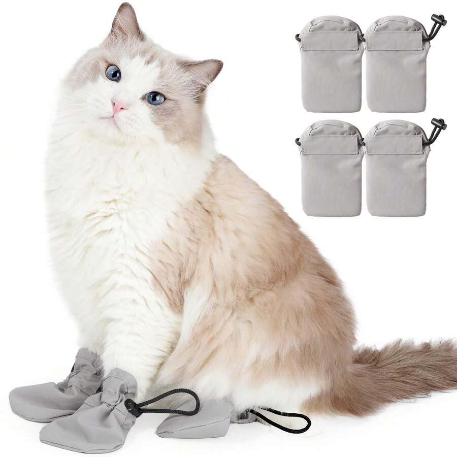 Cat Boots, 4 Packs Cat Claw Covers,Anti Scratch Cat Mittens, Breathable ...