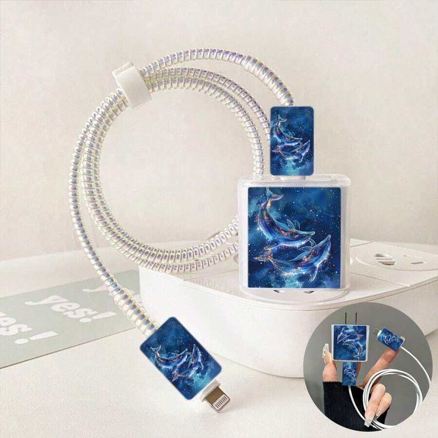5pcs Laser Blue Dolphin Cable Winders, TPU Charging Cable Protectors ...