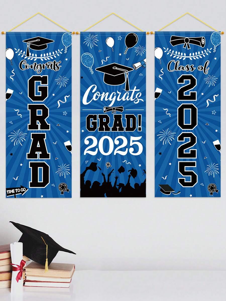 3pcs, Graduation Decorations 2025 Hang Banner Party Decor Sets, Blue ...