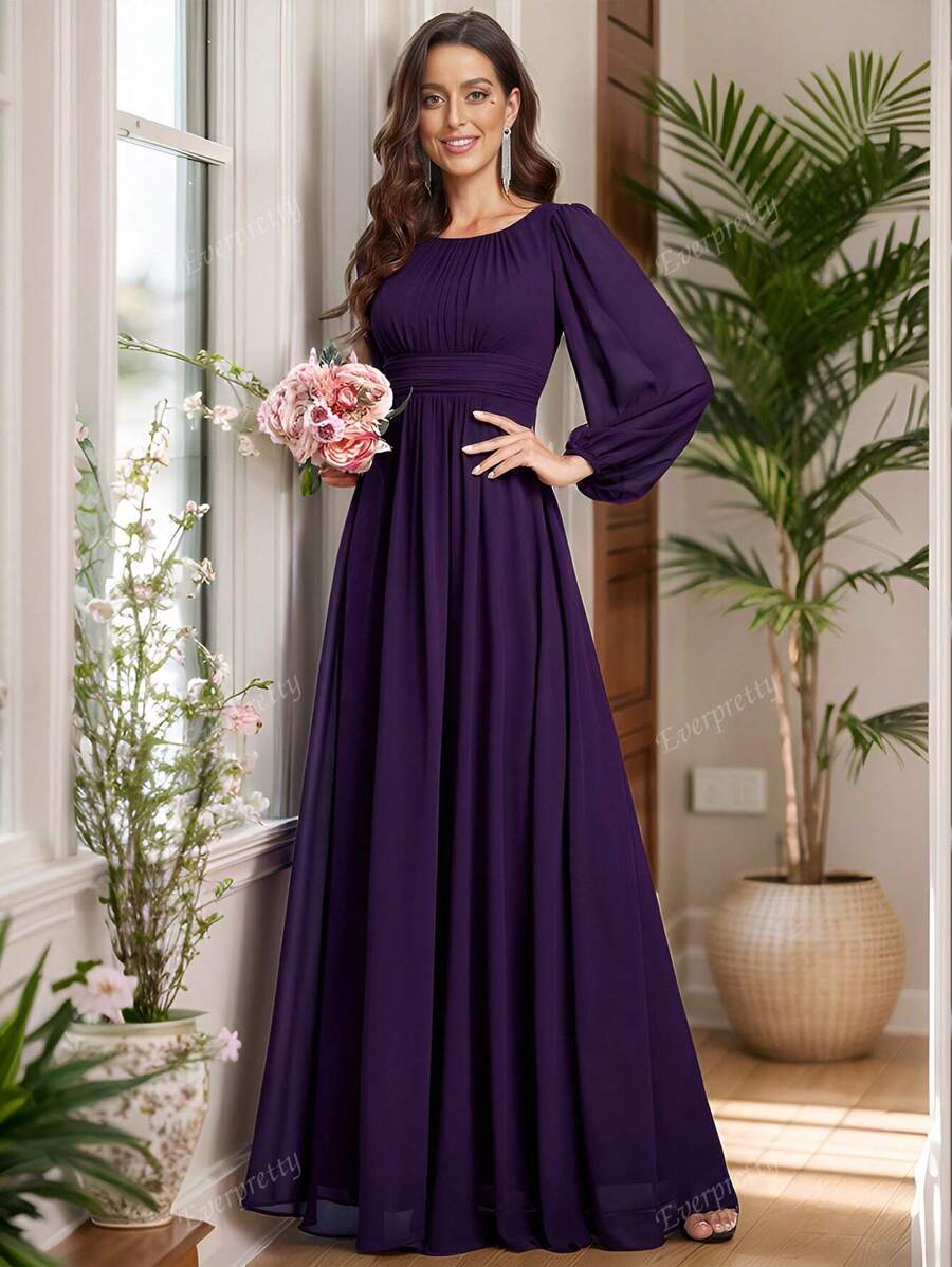 Elegant Fall Chiffon Round Neck Lantern Sleeve Long Sleeve Deep Purple ...
