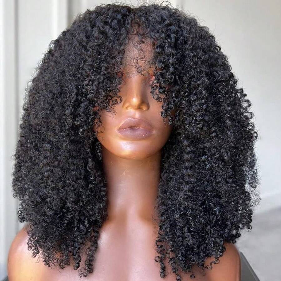 250 Density Afro Kinky Curly Human Hair Wig With Bang Brazilian Virgin ...