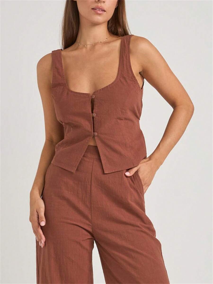 Women Plaid Cropped Camisole Scoop Neck Lace Trim Button Front Tank ...
