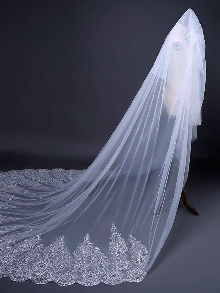 1pc White Sparkly Sequin Lace Applique Long Trailing Bridal Veil With ...