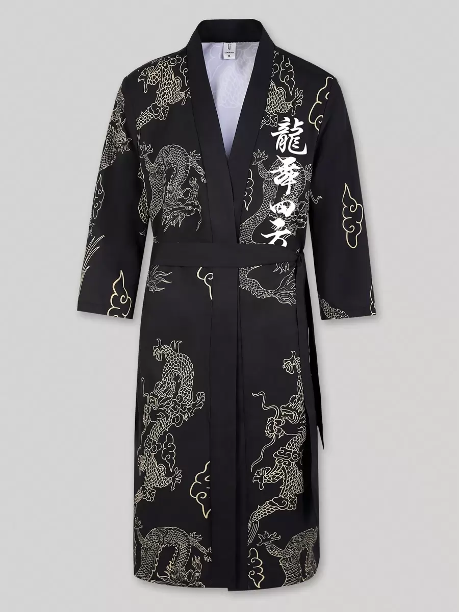 Men's Dragon Dance Chinese Character And Dragon Pattern Bathrobe ...
