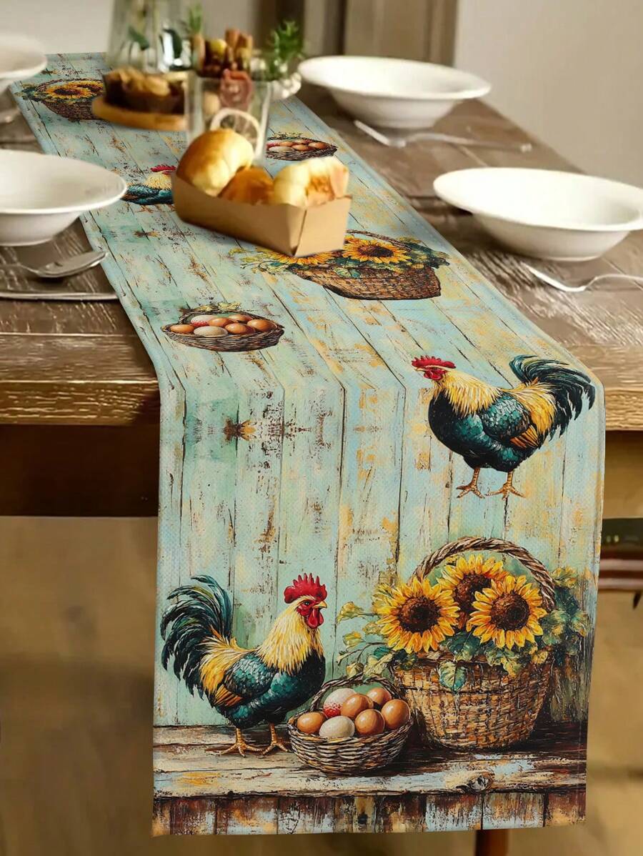 1pc Farmhouse Rooster & Sunflower Pattern Table Runner, Vintage Style ...