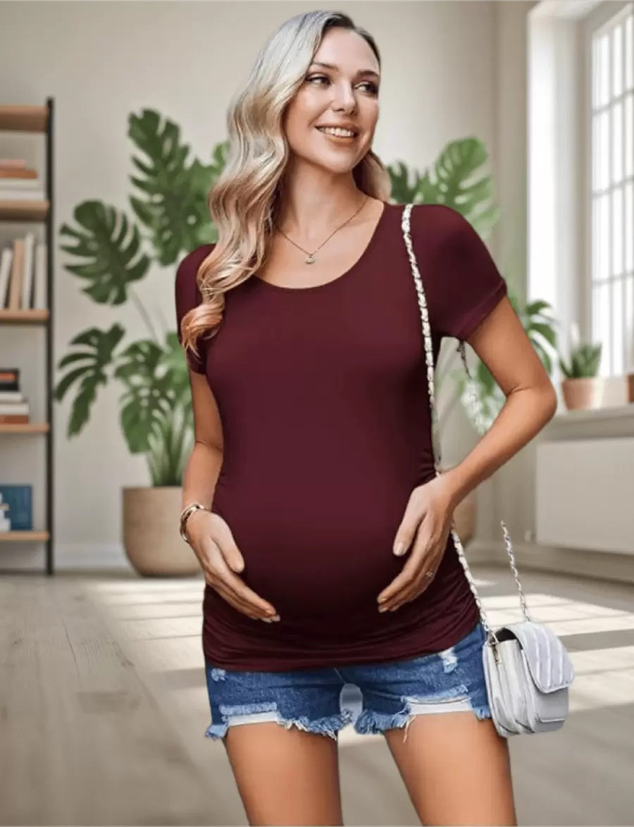 Womens Mama Maternity Tunic Tops Side Ruched T-Shirt Short Sleeve ...
