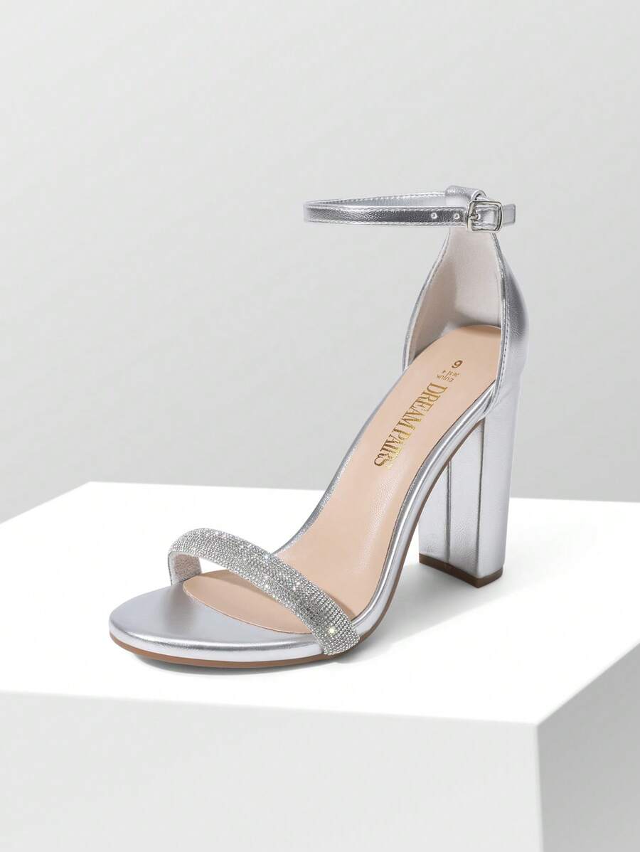 Women Rhinestone High Heeled Sandals Chunky Heel Ankle Strap Open Toe ...