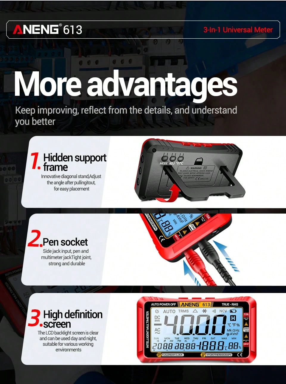 ANENG ANENG 613 מודד תצוגה דיגיטלית אינטליגנטי לחלוטין, שלוש באחד לוח ...