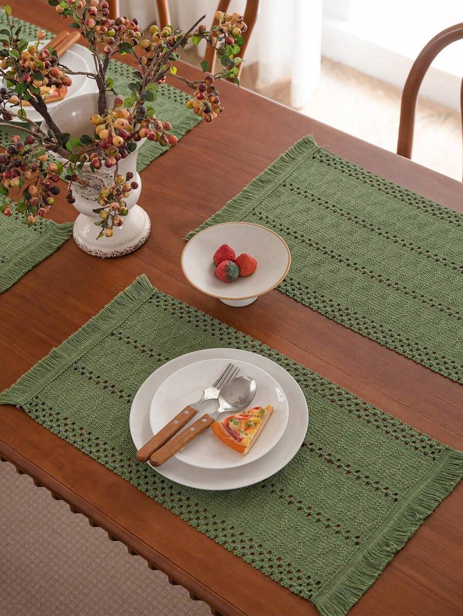 American Farmhouse Style Woven Green Placemats, Kitchen Dining Table ...