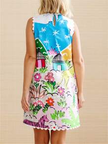 Women's Tropical Print Linen Dress - A-Line Shift Mini With Side ...