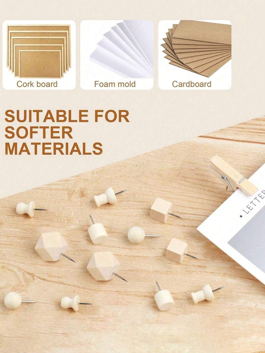 57 Pcs Wooden Push Pins, 7 Assorted Styles, Cork Wall Tacks, Thumbtacks ...