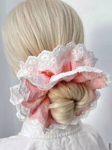 1 Pc Vintage French Lace 4-Layer Ruffled Scrunchie, Plaid Hearts Design ...