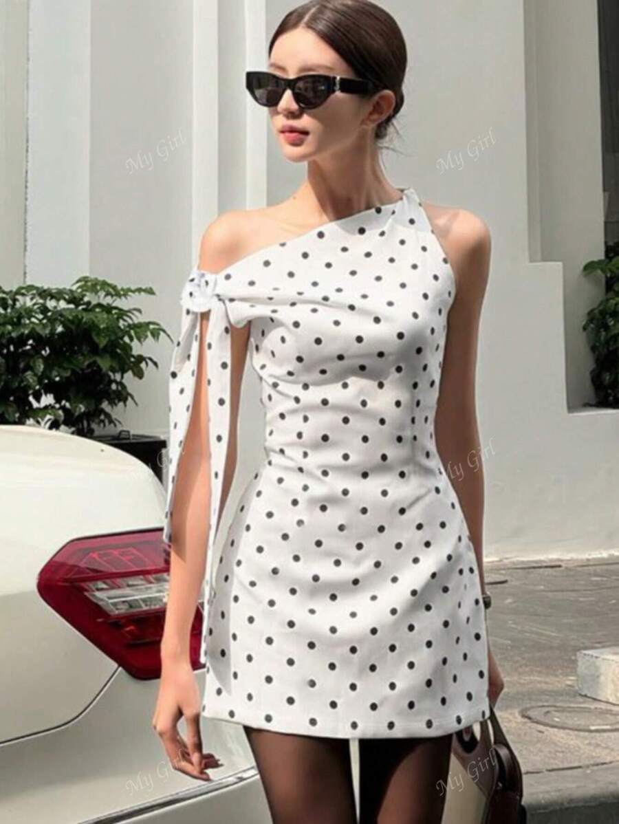 Chic Street Style Polka Dot Print Asymmetrical Shoulder Strap Fitted ...