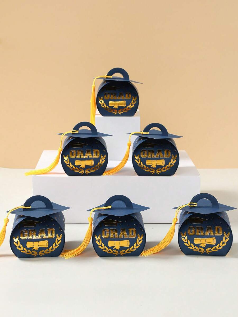 12/50pcs Graduation Cap Gift Box, Blue Gold Grad Gift Packaging Box ...
