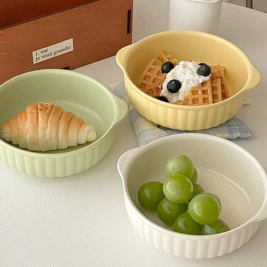 1pc Plain Color Double Ear Ceramic Bowl, Large Capacity Ceramic Dish ...