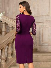 MIUSOL Woman's Elegant V-Neck Sequin Floral Lace Midi Dress, Ruched ...