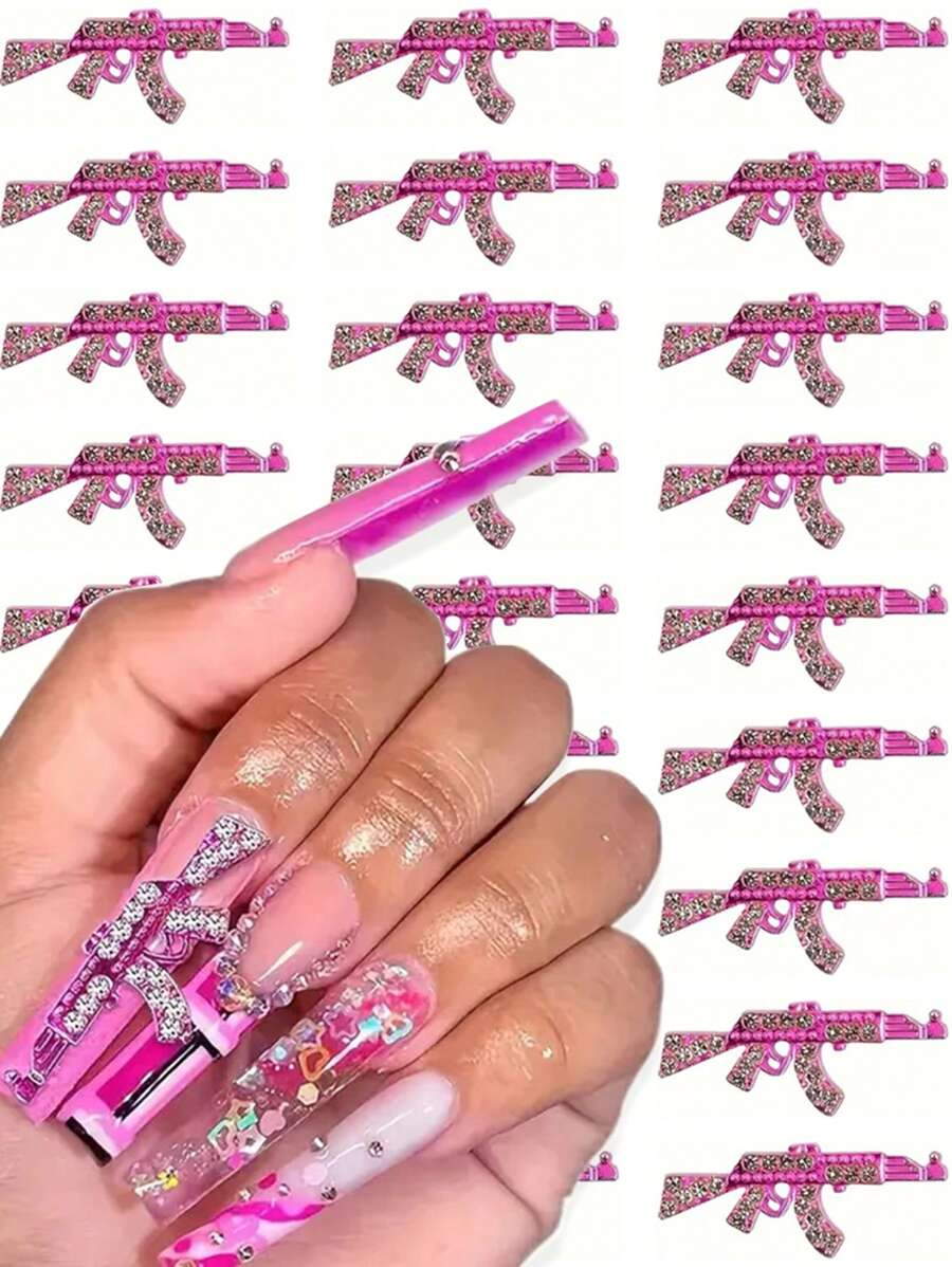 50/100pcs 3D Alloy Pink Gun Nail Art Charms With Crystal Rhinestones ...