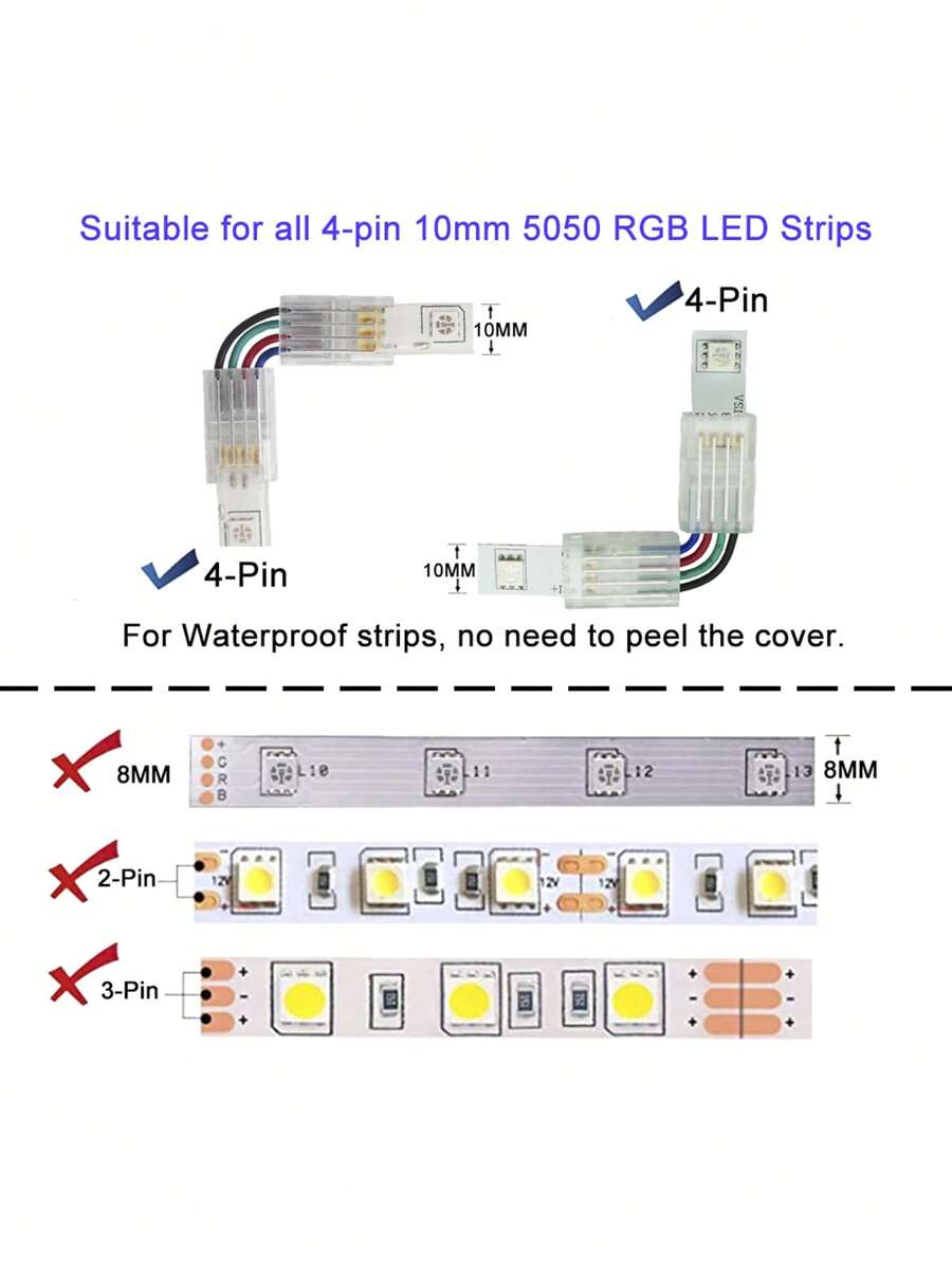 5PCS L Shape Adjustable Connectors 4Pin Solderless Adapter 8mm10mm For 3528 5050 5630 RGB CCT ...