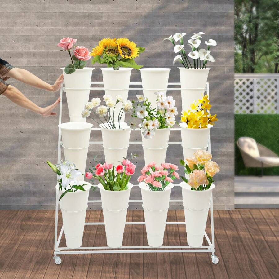 3 Layers Metal Plant Stand With Wheels , Indoor Outdoor Flower Display ...