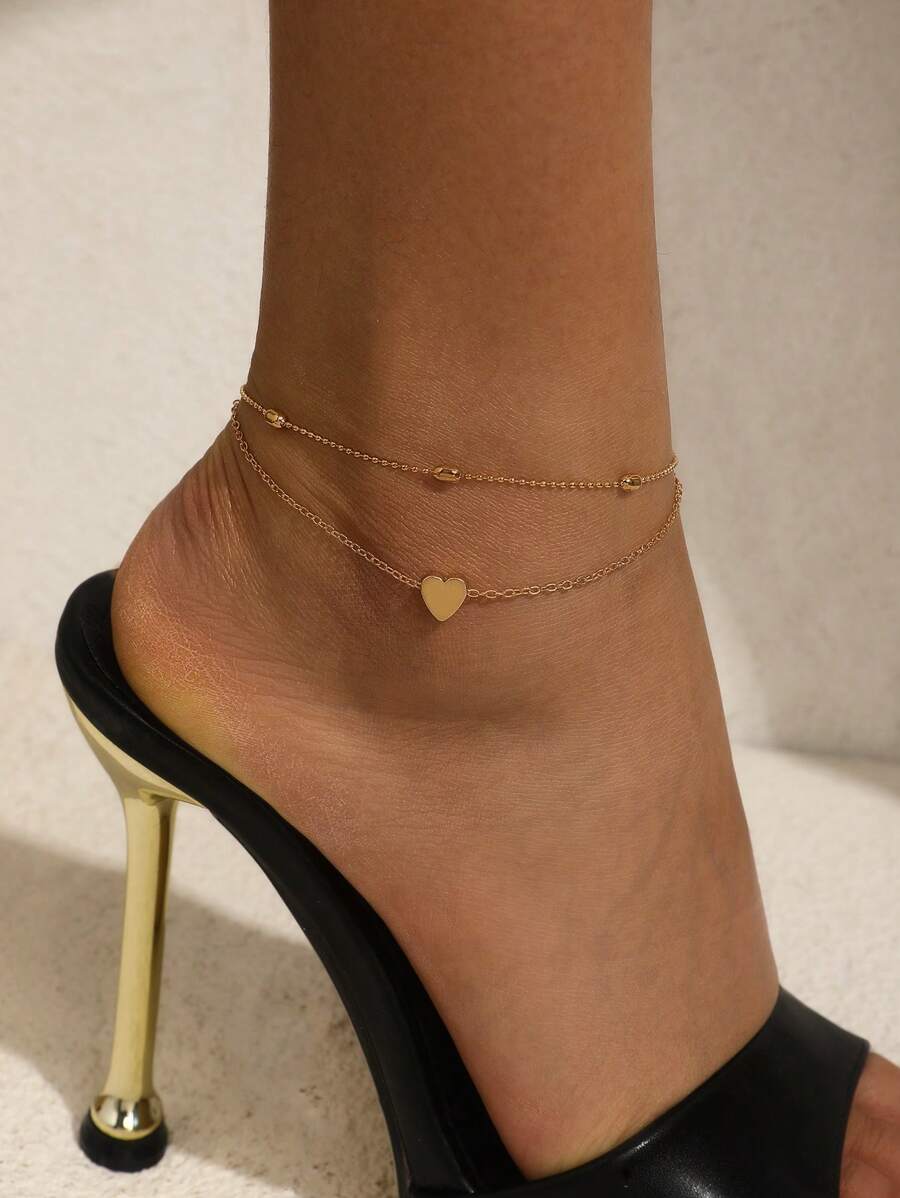 1pc Minimalist Metal Chain Heart Shaped & Bead Double Layer Anklet For ...