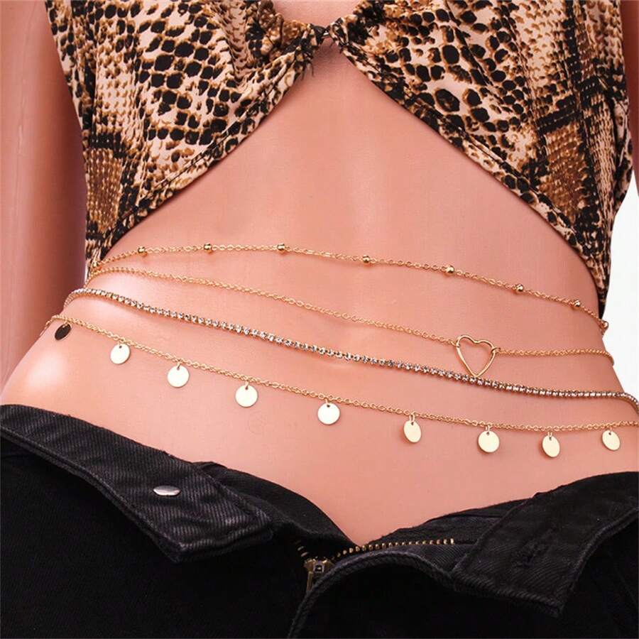 1pc Gold Multi-Layer Love Waist Chain-Women's Multi-Layer Belly Button Chain, Adjustable Multi ...