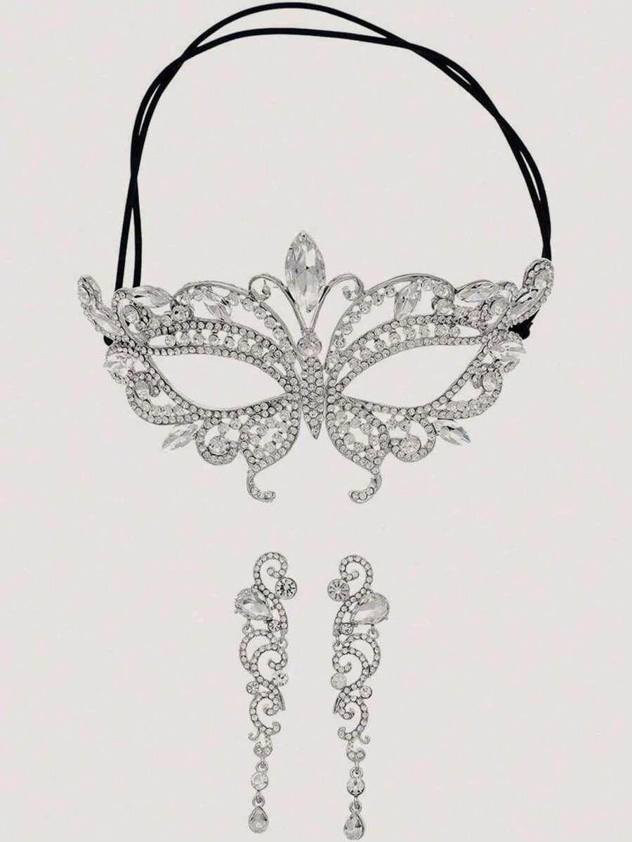 3pcs/Set Rhinestone Masquerade Mask And Earrings Jewelry Set Women ...