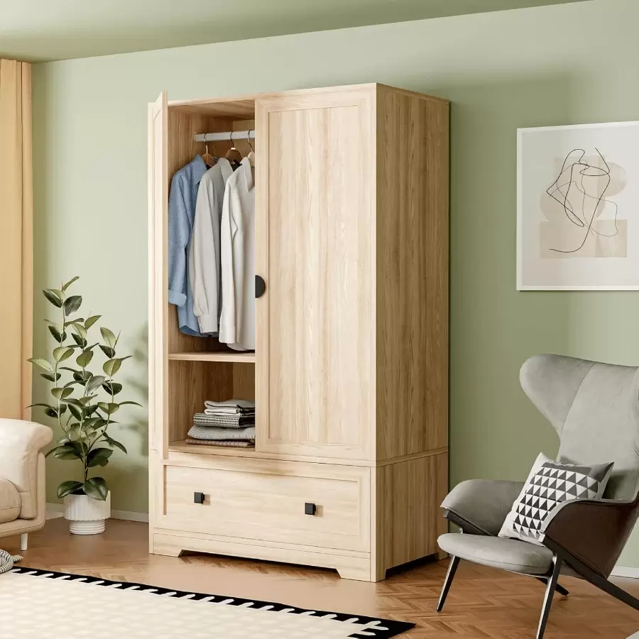 Wide Armoire Wardrobe Closet With Hanging Rod, Adjustable Shelves And ...