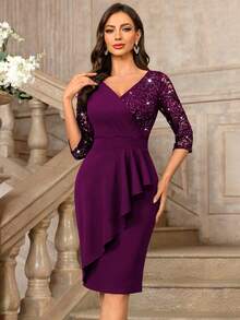 MIUSOL Woman's Elegant V-Neck Sequin Floral Lace Midi Dress, Ruched ...