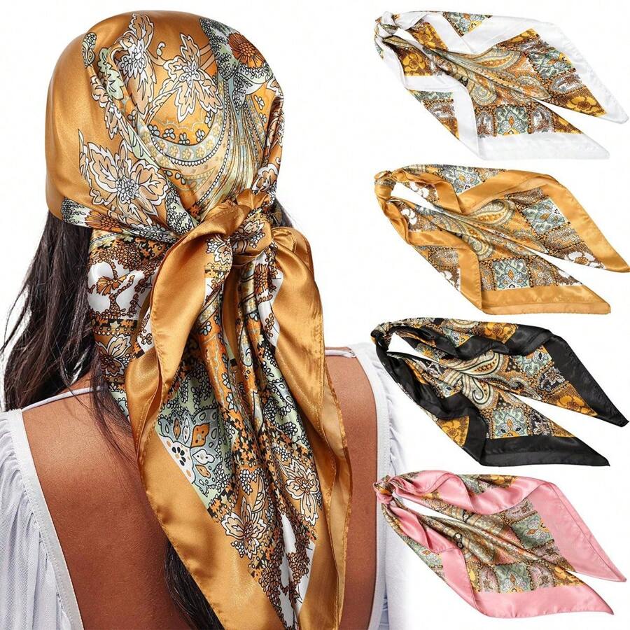 4pcs 35''Large Satin Square Head Scarves - Elegant Paisley & Floral ...
