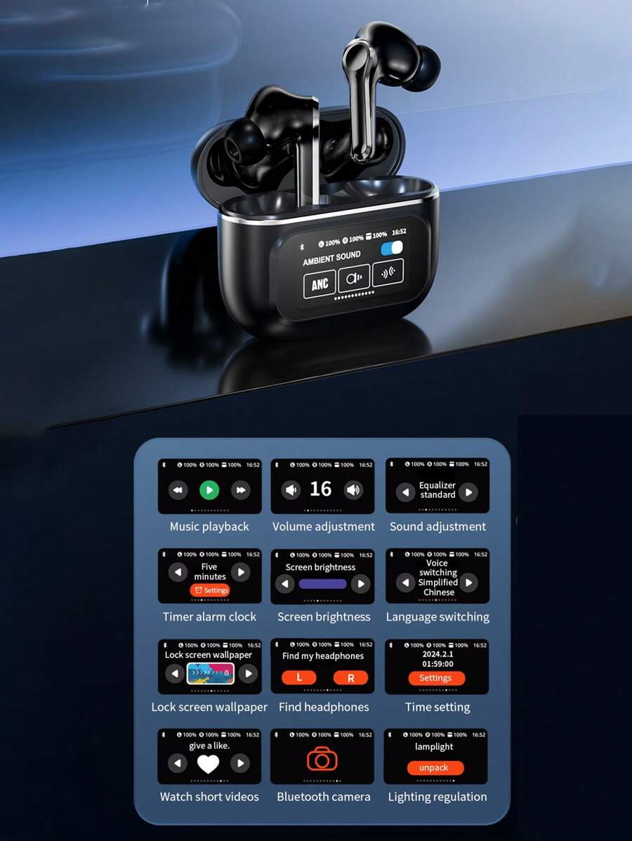 Touch Screen ANC Active Noise Cancellation Wireless Earphone Earbuds ...