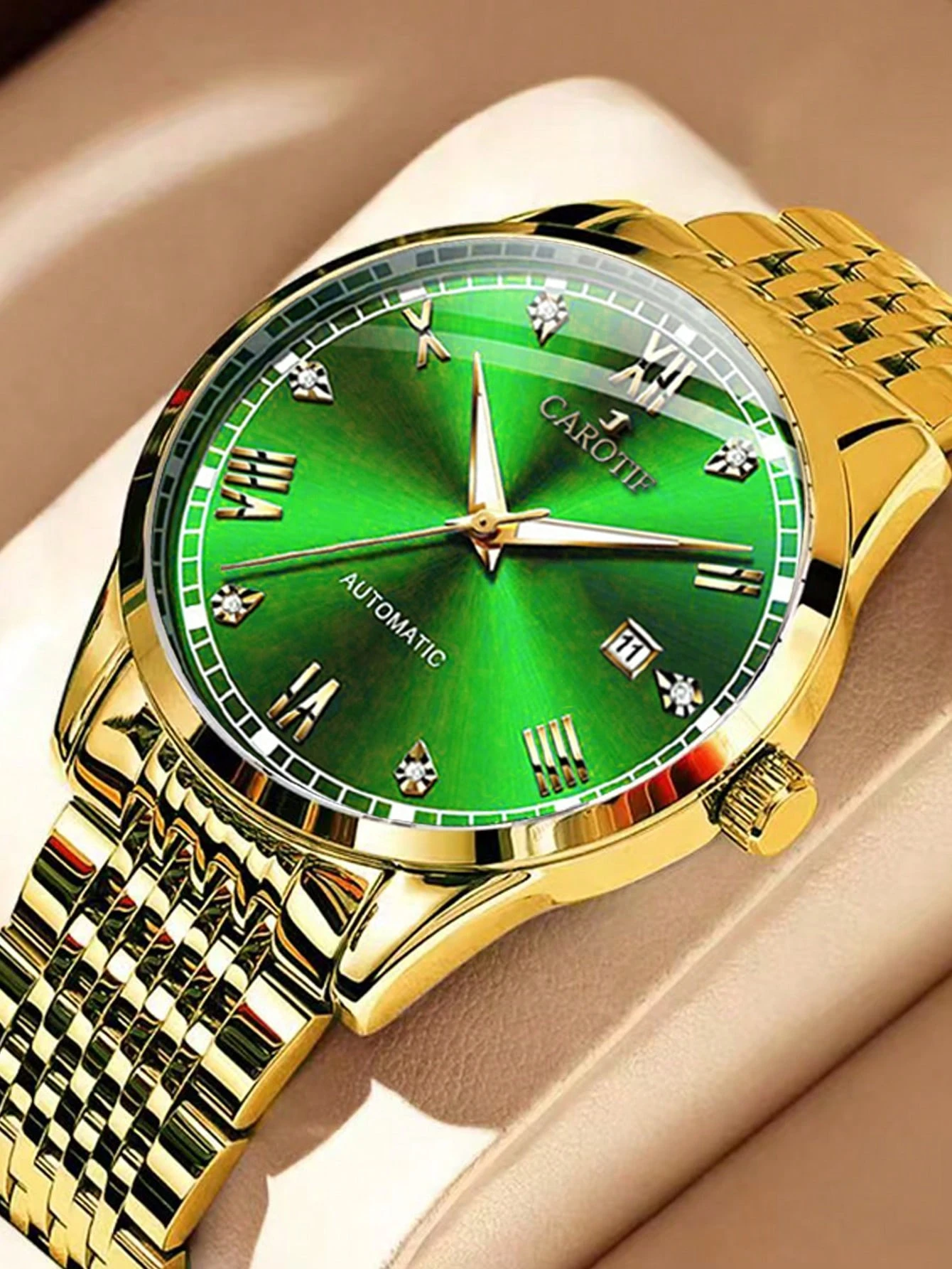 Reloj automático con esfera verde y numerales romanos, correa de acero ...
