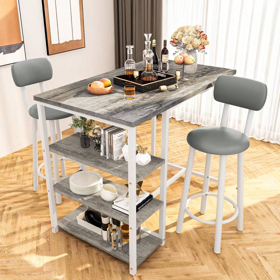 LAMERGE 3 Piece Dining Table Set, Counter Height Bar Table With 2 ...