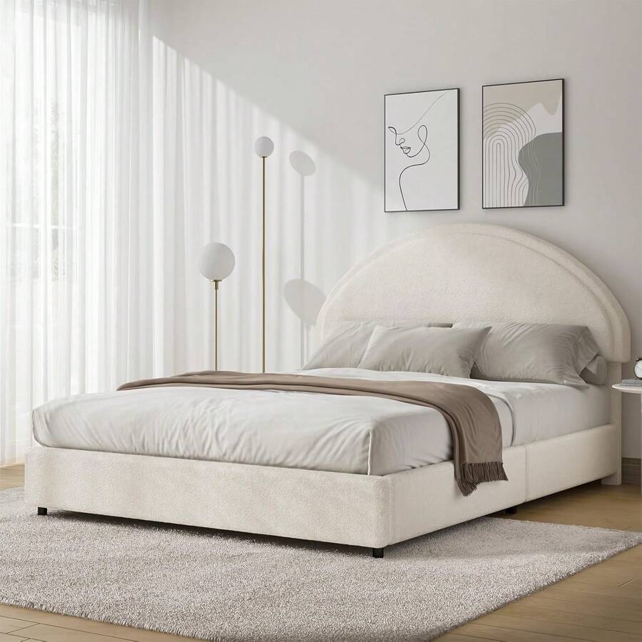 HOMBCK Upholstered Bed Frame With Round Headboard, Boucle Soft Bed ...