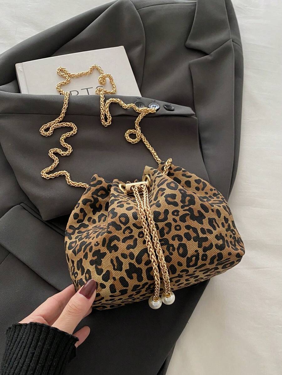 Fashionable Leopard Print Color Block Chain Strap Mini Bucket Crossbody ...