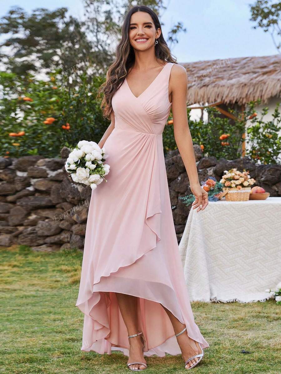 EVER-PRETTY Elegant Asymmetrical Hem Pleated Chiffon Formal Dress With ...