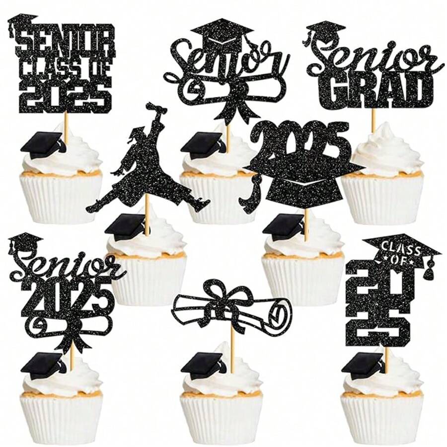24pcs Graduation Cupcake Toppers 2025 Black Glitter Senior Class Of ...
