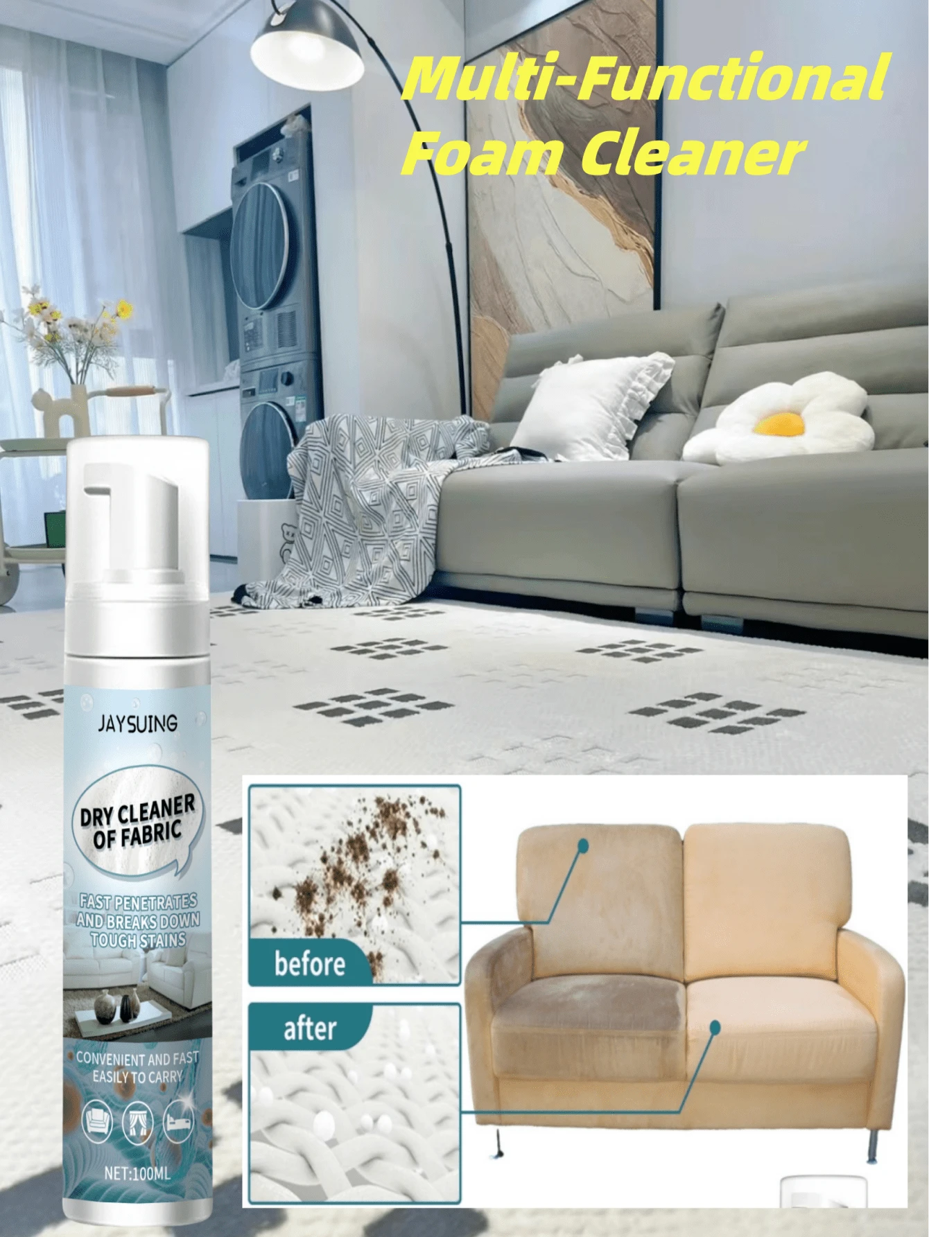 100ml Multi-Function Foam Cleaner, Laundry Stain Remover, Dry Clean Carpet, Curtain, Sofa, No ...