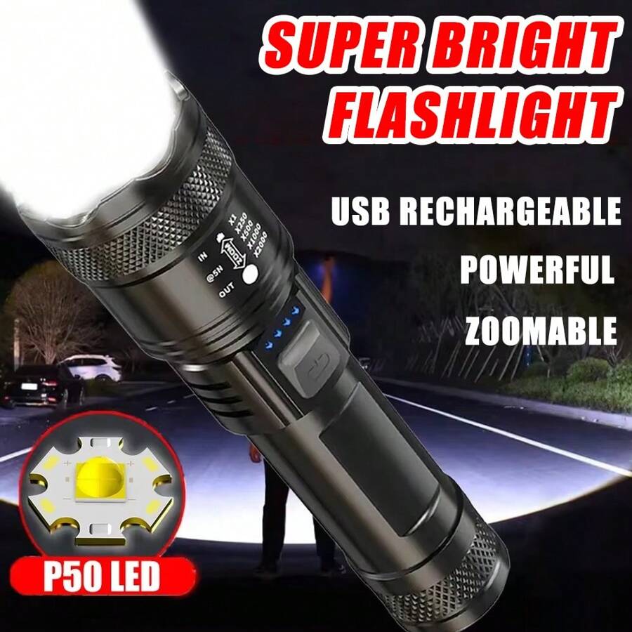 1 Pc Ultra Bright Rechargeable Flashlight, Long Range Focus Zoom Super ...