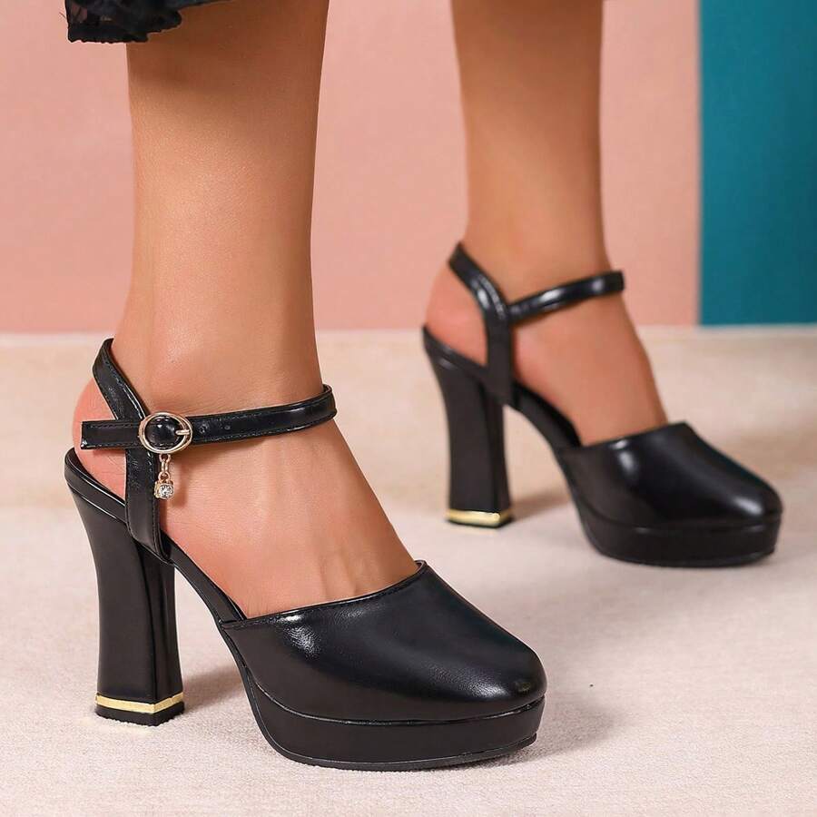 Plus Size Women's Black High Heel Closed Toe Buckle Strap Pumps | SHEIN ...